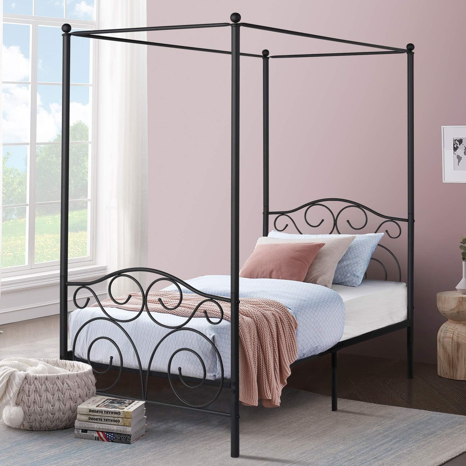 VECELO 4 Corner Metal Canopy Bed Frame, Platform Mattress Foundation