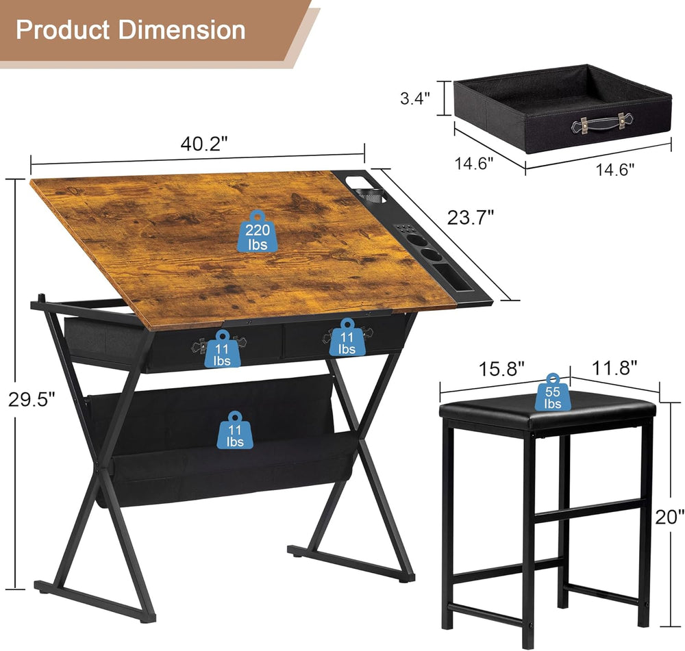 VECELO Drafting Table Adjustable Desk Tilted Tabletop with 2 Storage D