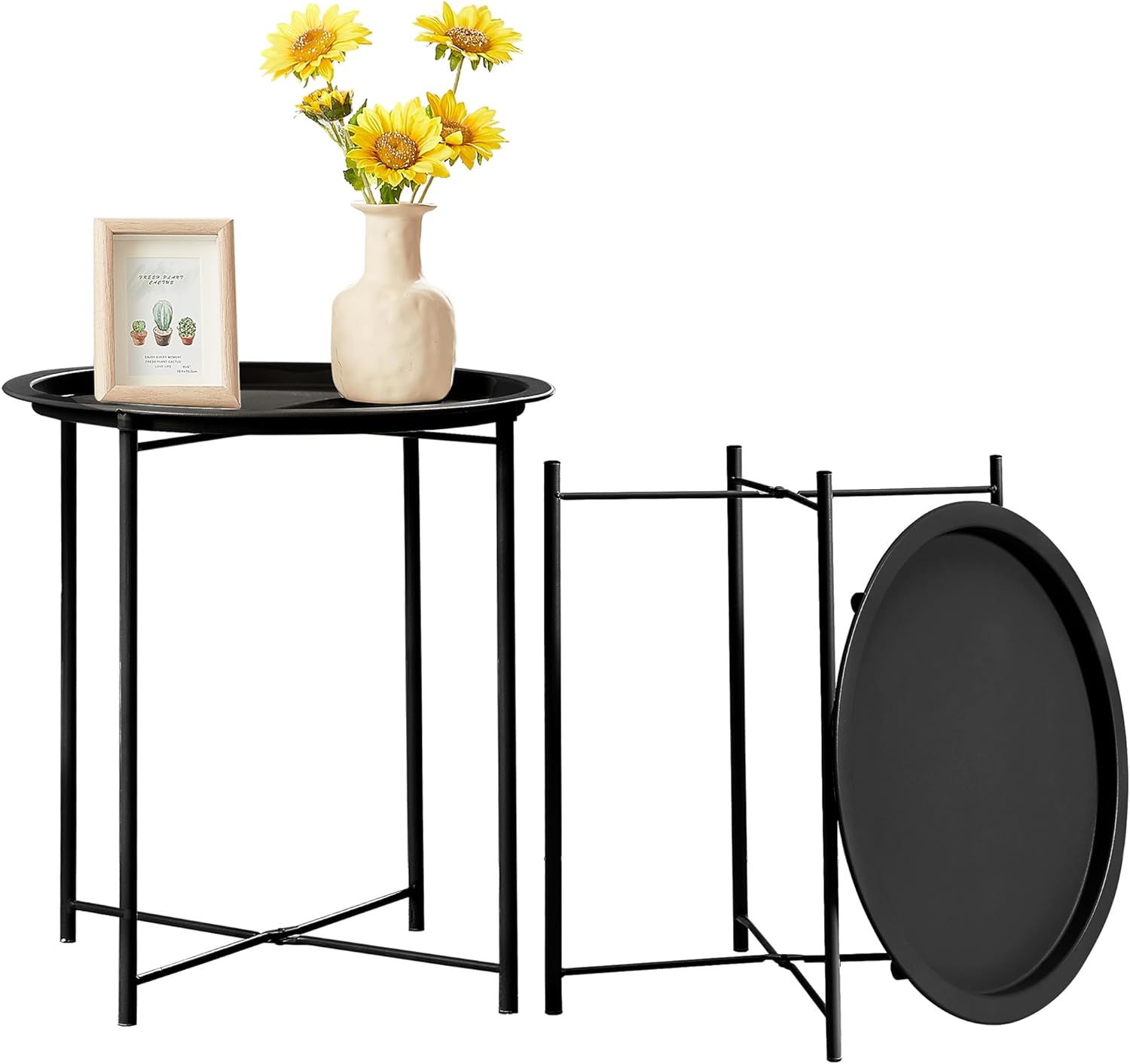 VECELO Metal Round End/Side Table with Removable Tray Small Folding An