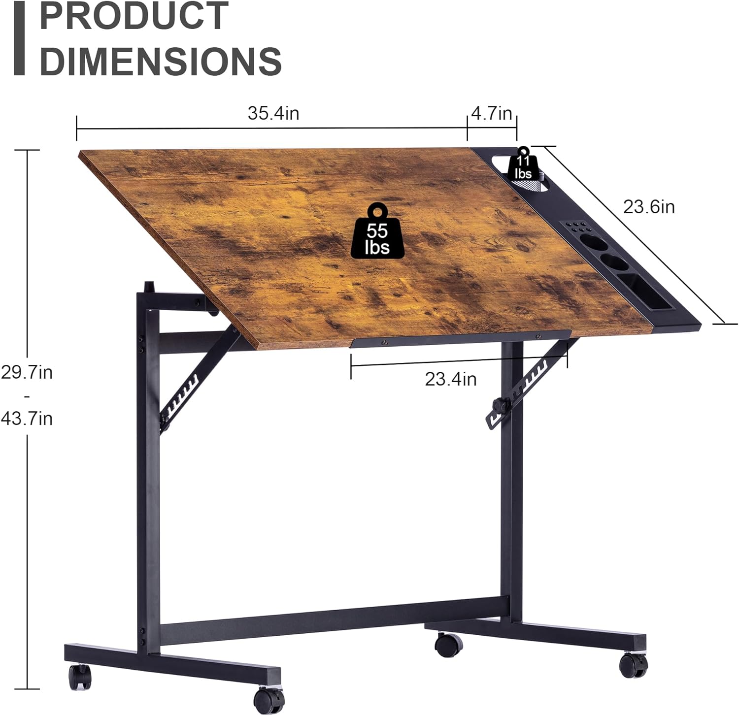 VECELO Vintage Drawing Drafting Table Adjustable Tilting Top Art Desk