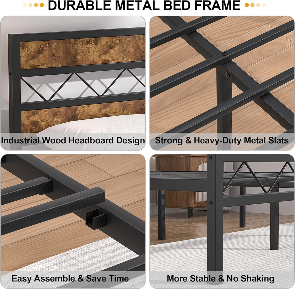 VECELO Metal Platform Bed Frame with Rustic Vintage Wooden Headboard