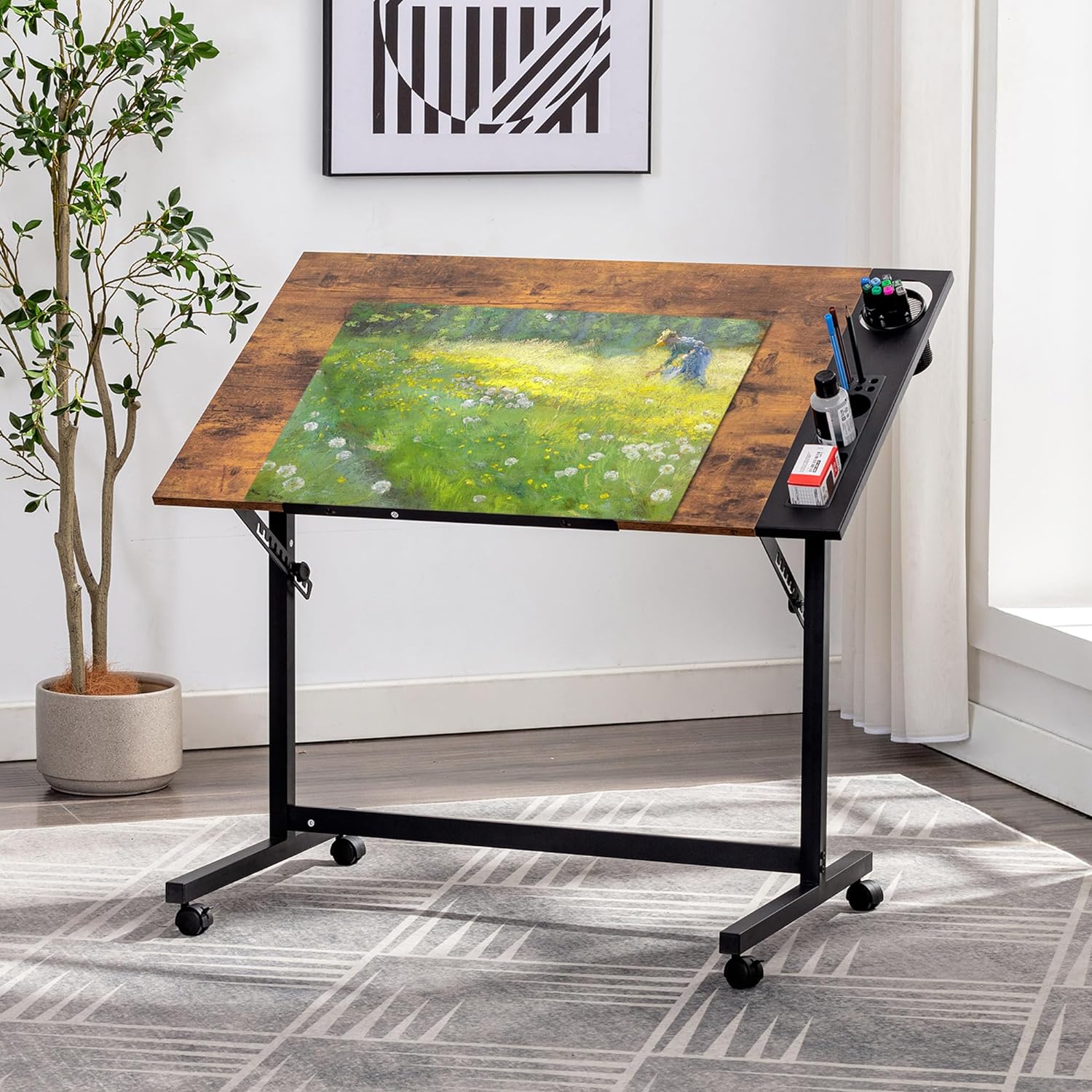 VECELO Vintage Drawing Drafting Table Adjustable Tilting Top Art Desk