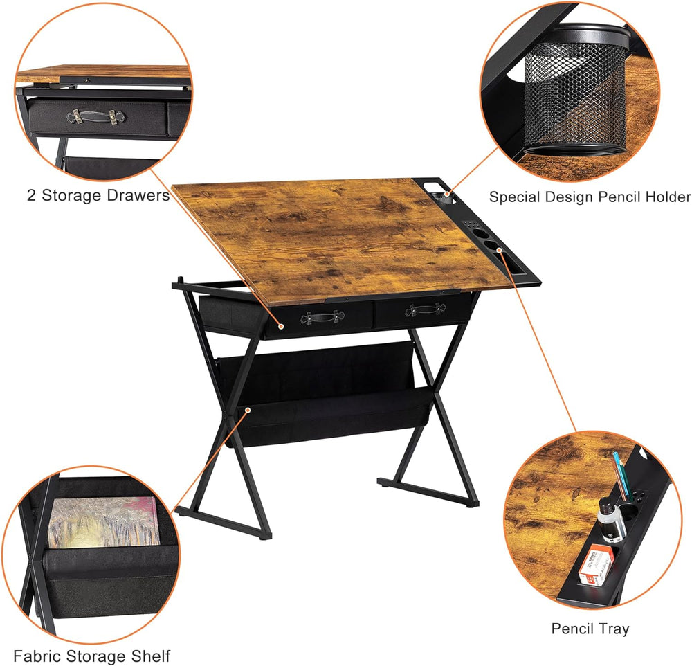 VECELO Drafting Table Adjustable Desk Tilted Tabletop with 2 Storage D