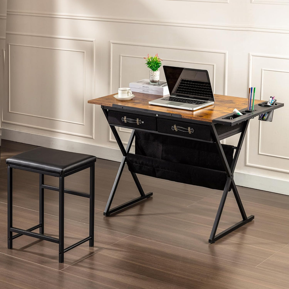 VECELO Drafting Table Adjustable Desk Tilted Tabletop with 2 Storage D