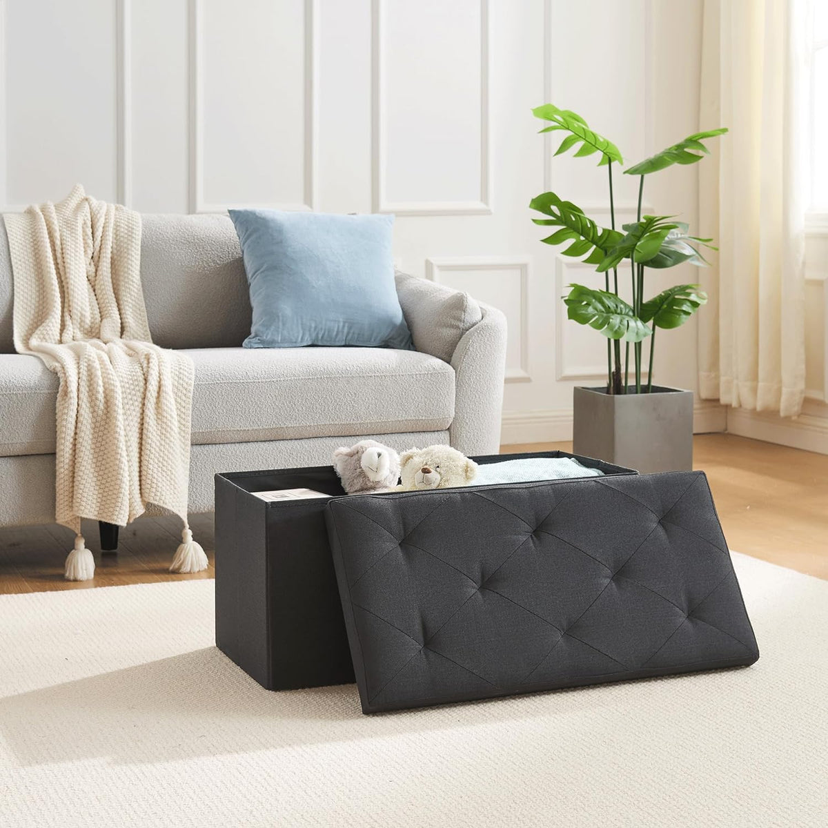 VECELO Folding Storage Ottoman Bench, Storage Chest, Linen Fabric