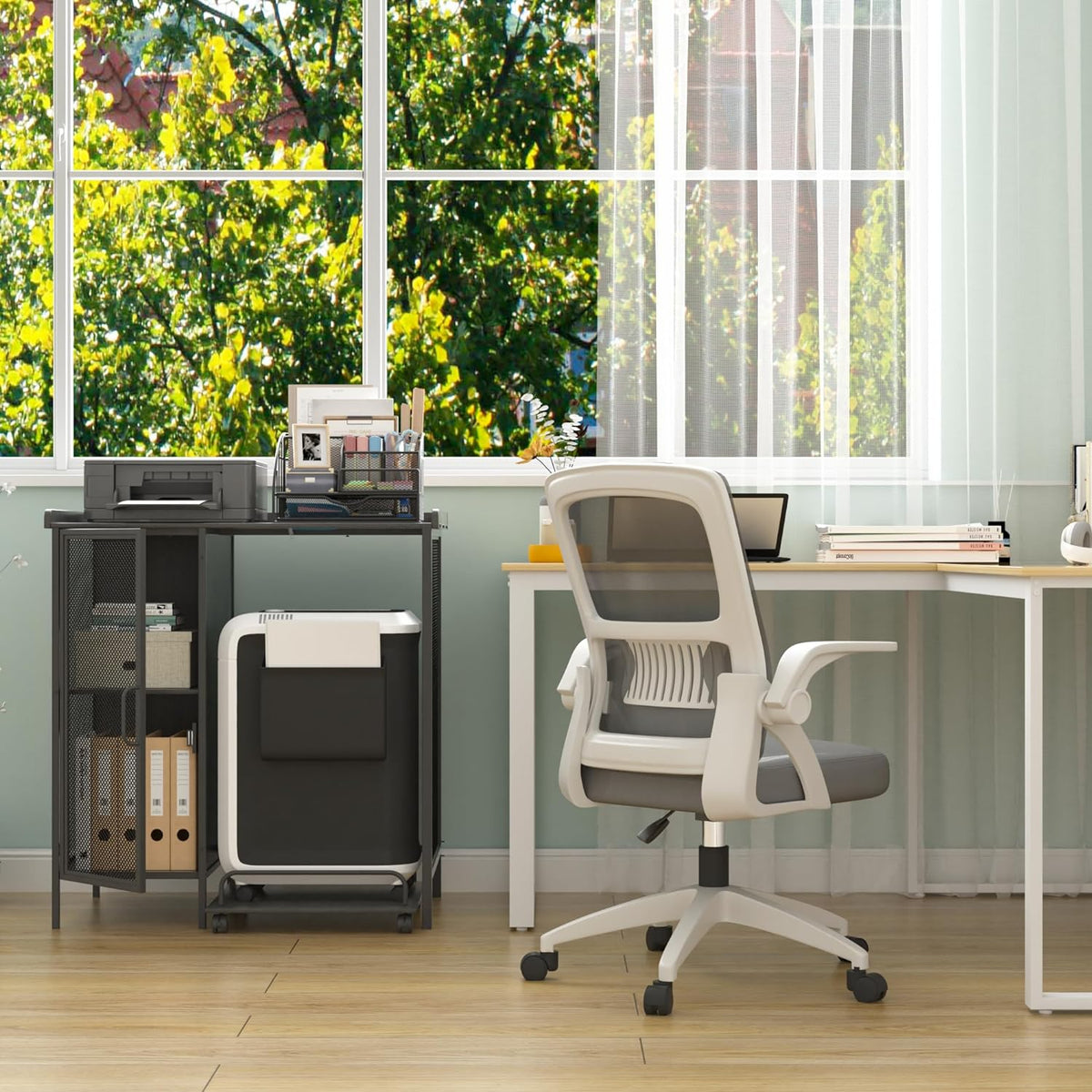 VELELO Printer Desk with Rolling Paper Shredder Stand