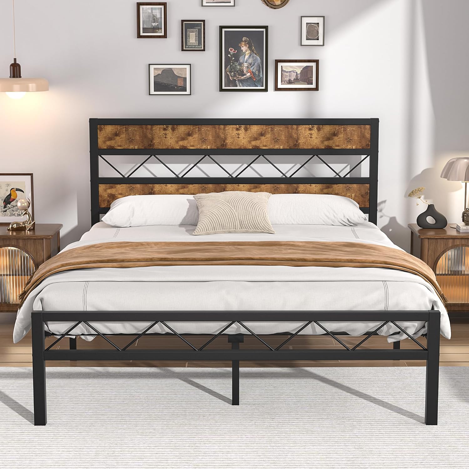 VECELO Metal Platform Bed Frame with Rustic Vintage Wooden Headboard