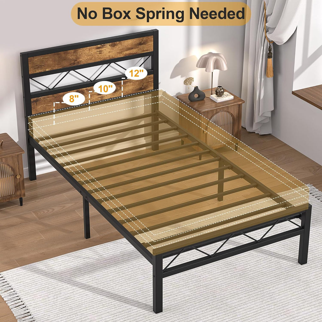 VECELO Metal Platform Bed Frame with Rustic Vintage Wooden Headboard