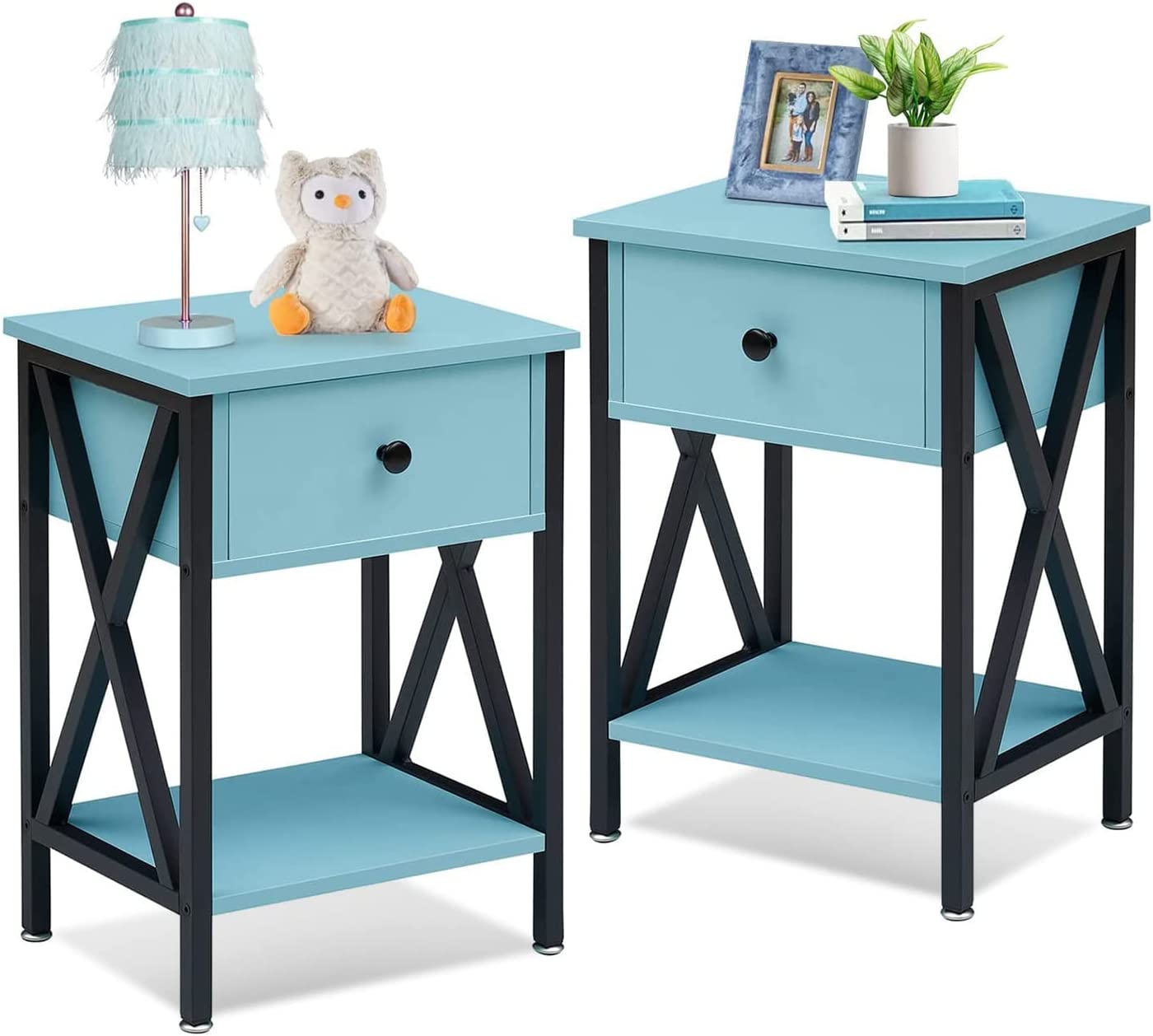 VECELO Night Stands Bedside End Table X-Design with Drawer&Storage She