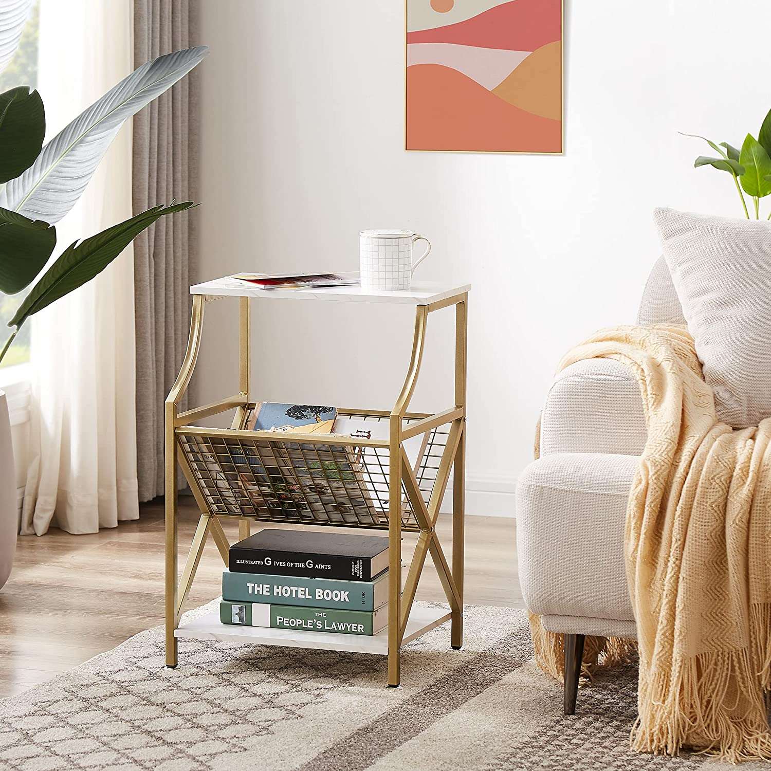 VECELO 3 Tier End Table with Storage Magazine Holder