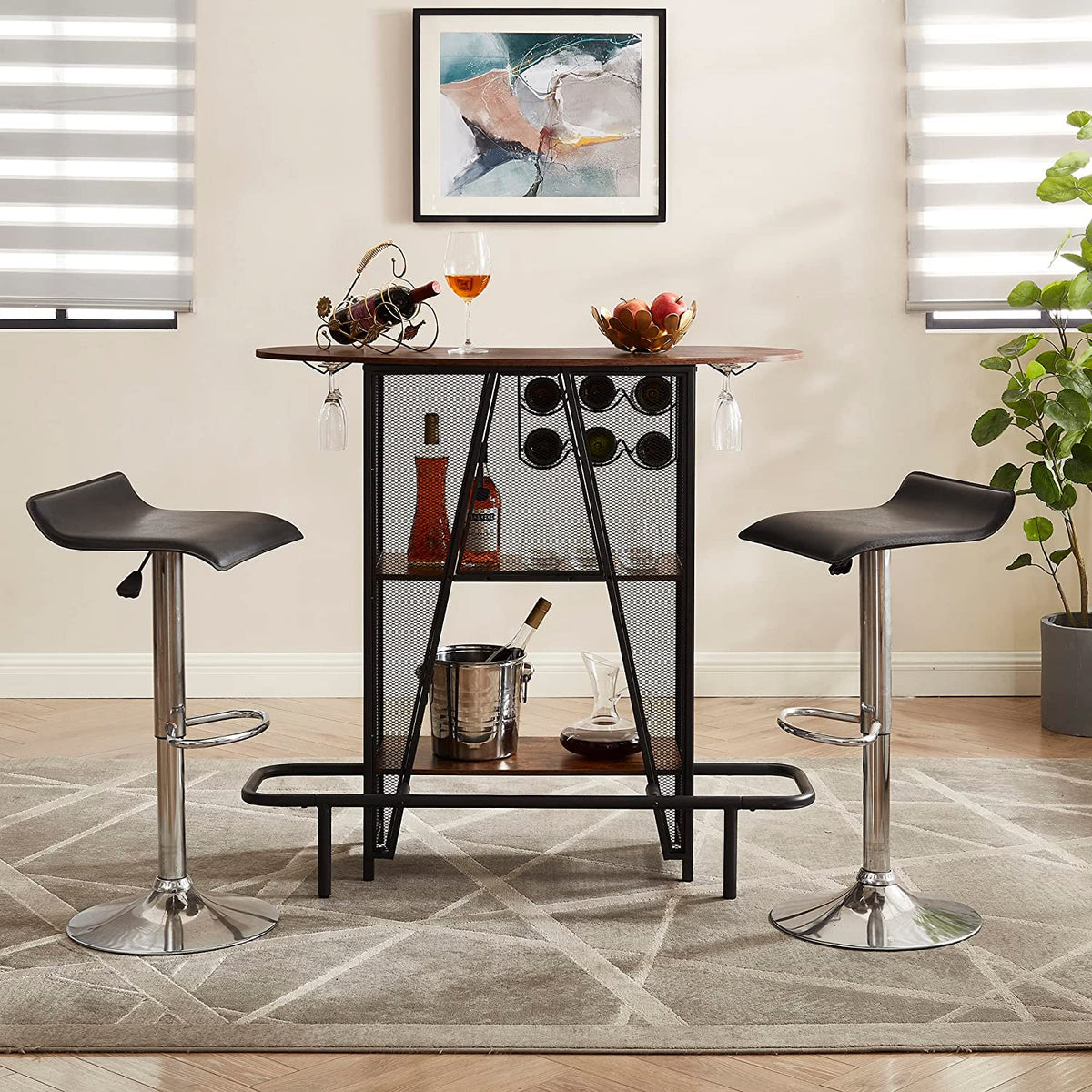 VECELO Bar Unit with Metal Mesh Front, 3-Tier Wine Rack Table with Gla