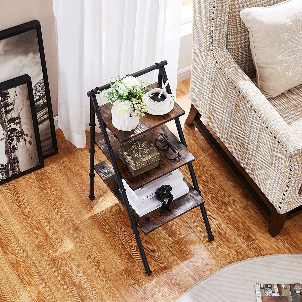 VECELO 3-Tier Ladder Shelf 26" Storage Rack with Open Wood Shelving Un